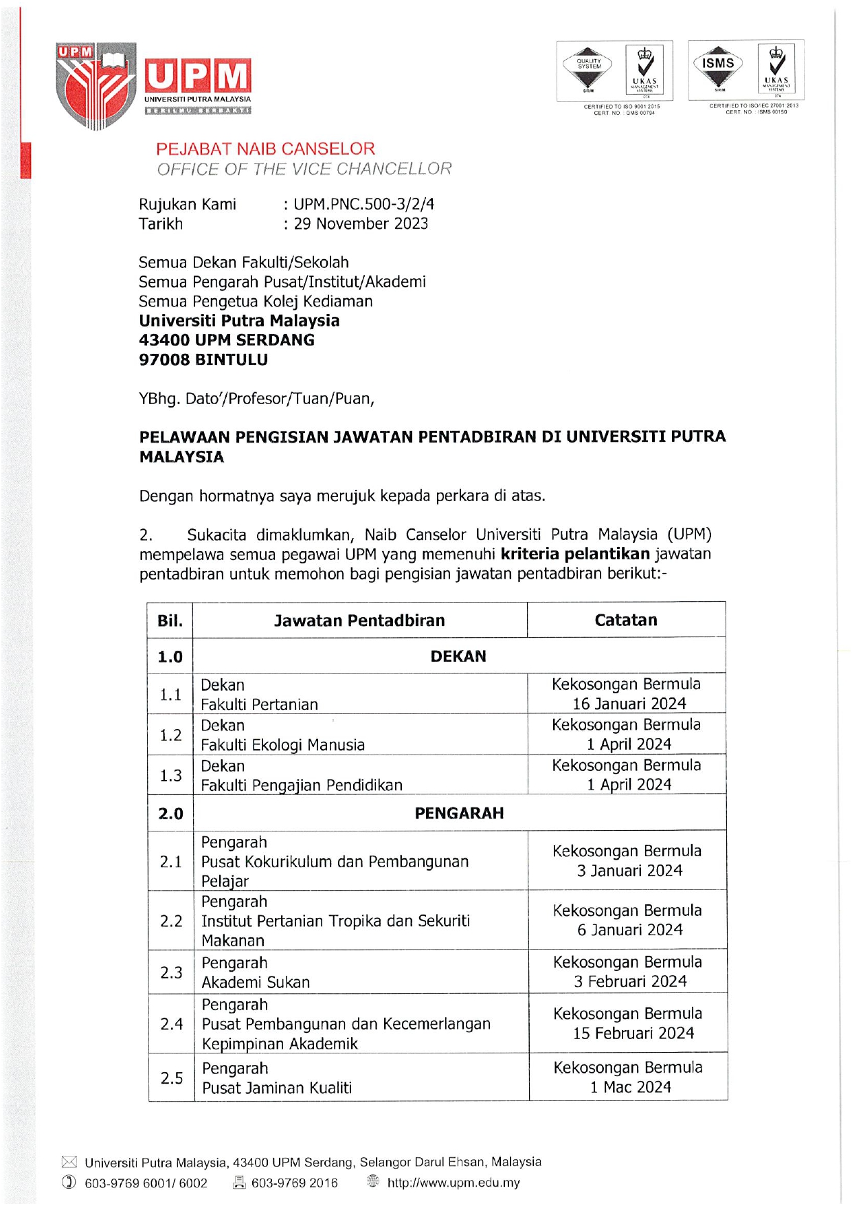 PELAWAAN PENGISIAN JAWATAN PENTADBIRAN UPM NOVEMBER 2023 BIL.1