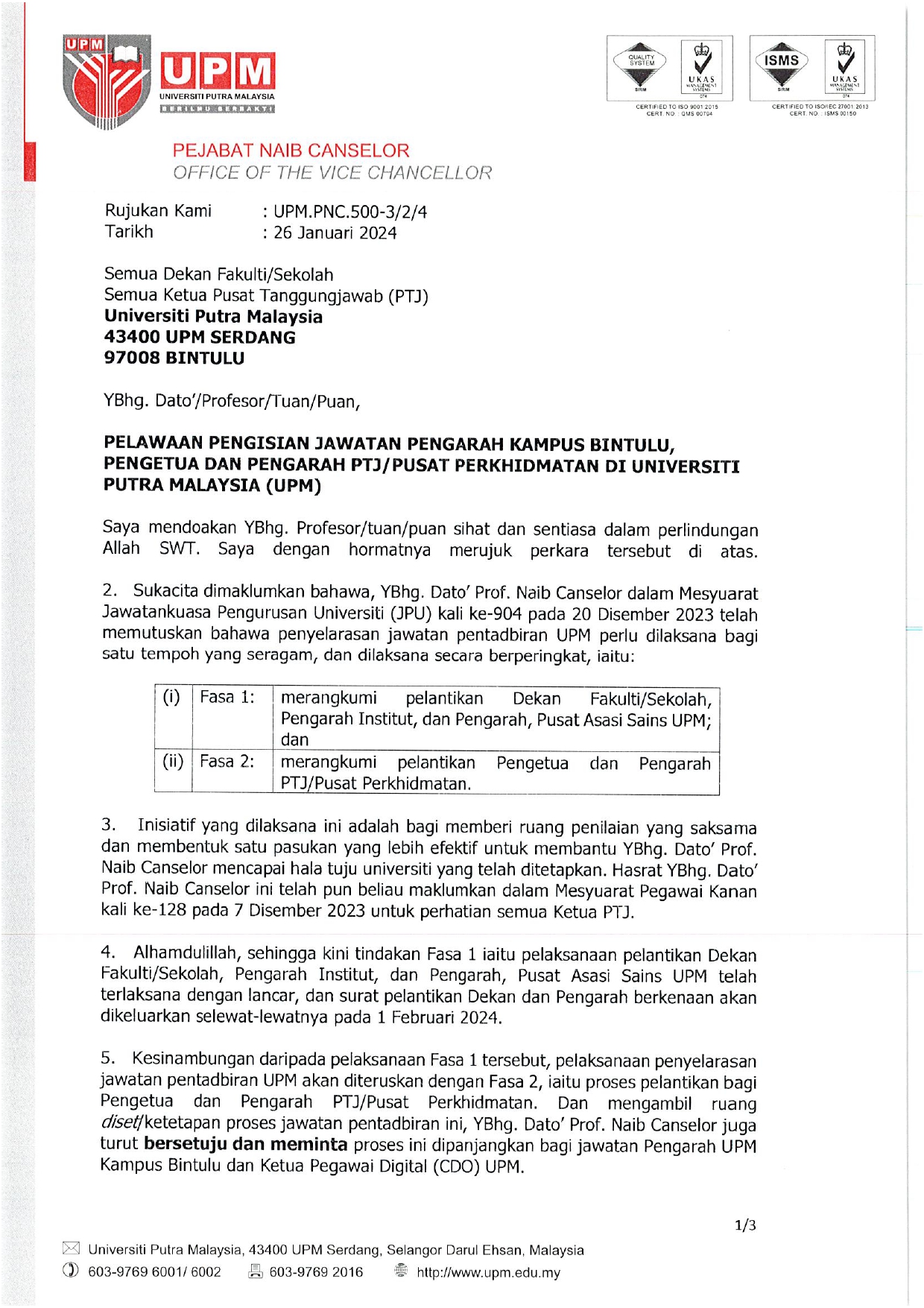 PELAWAAN PENGISIAN JAWATAN PENGARAH KAMPUS BINTULU, PENGETUA DAN ...